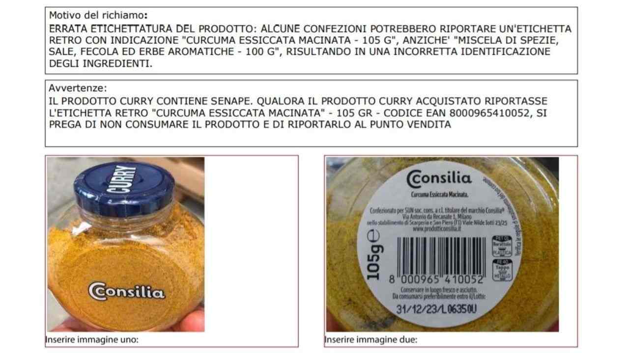 Etichetta errata, non è curcuma ma curry: richiamo per rischio allergeni